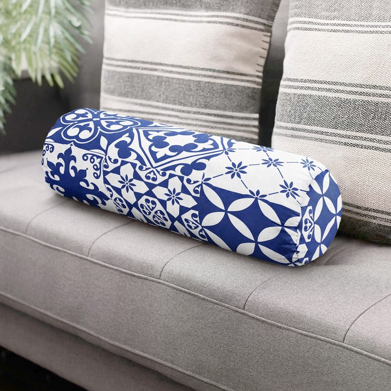 Blue Tile Bolster Pillow Blue White Cylindrical Pillow - Etsy