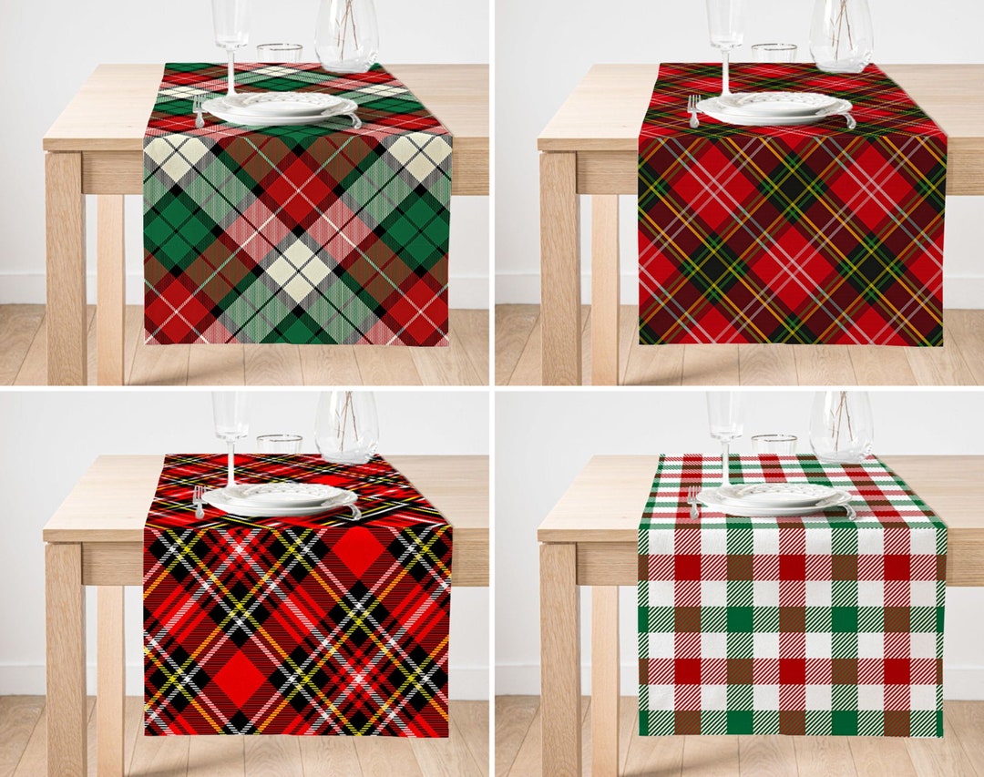 Merry Christmas Table Runner, Green Red Plaid Table Cover, New Year ...