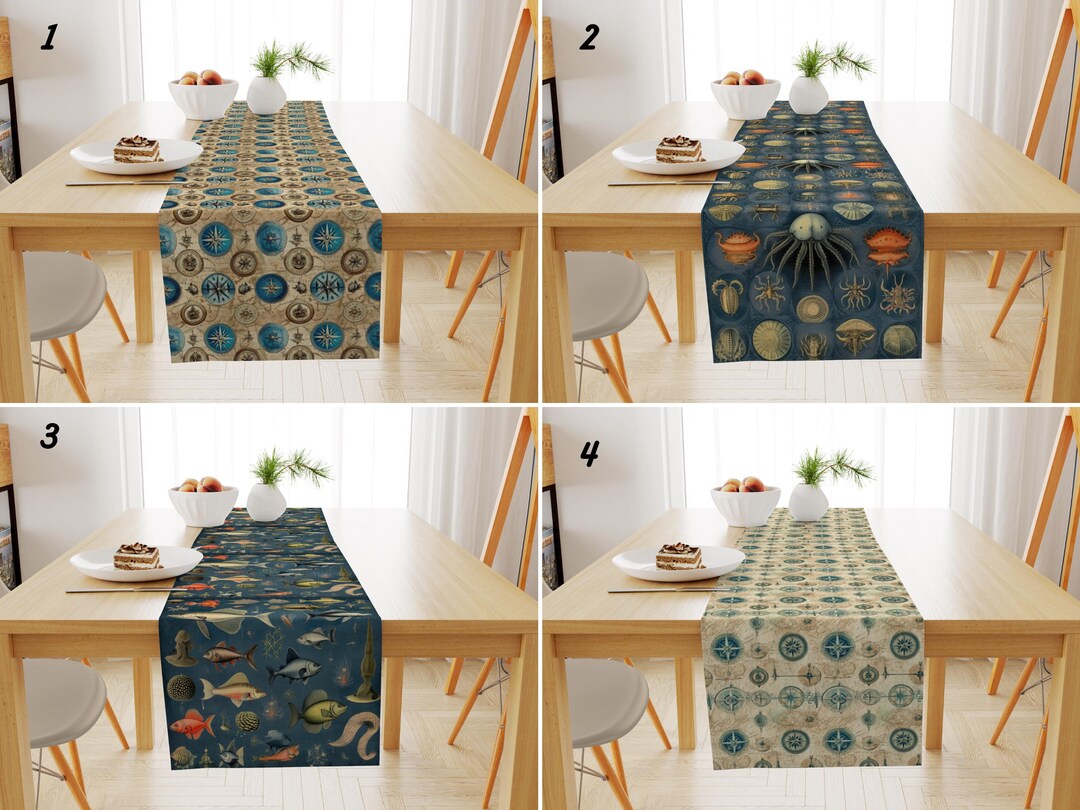Old Nautical Map Table Runner, Sea Creatures Table Cover, Compass Table ...