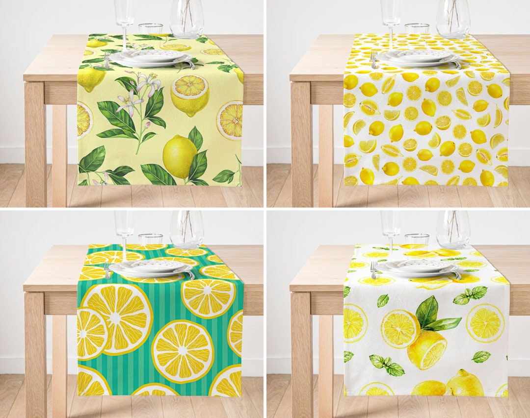 Lemon Theme Table Runner, Lemon Pattern Table Linen, Outdoor Lemon ...
