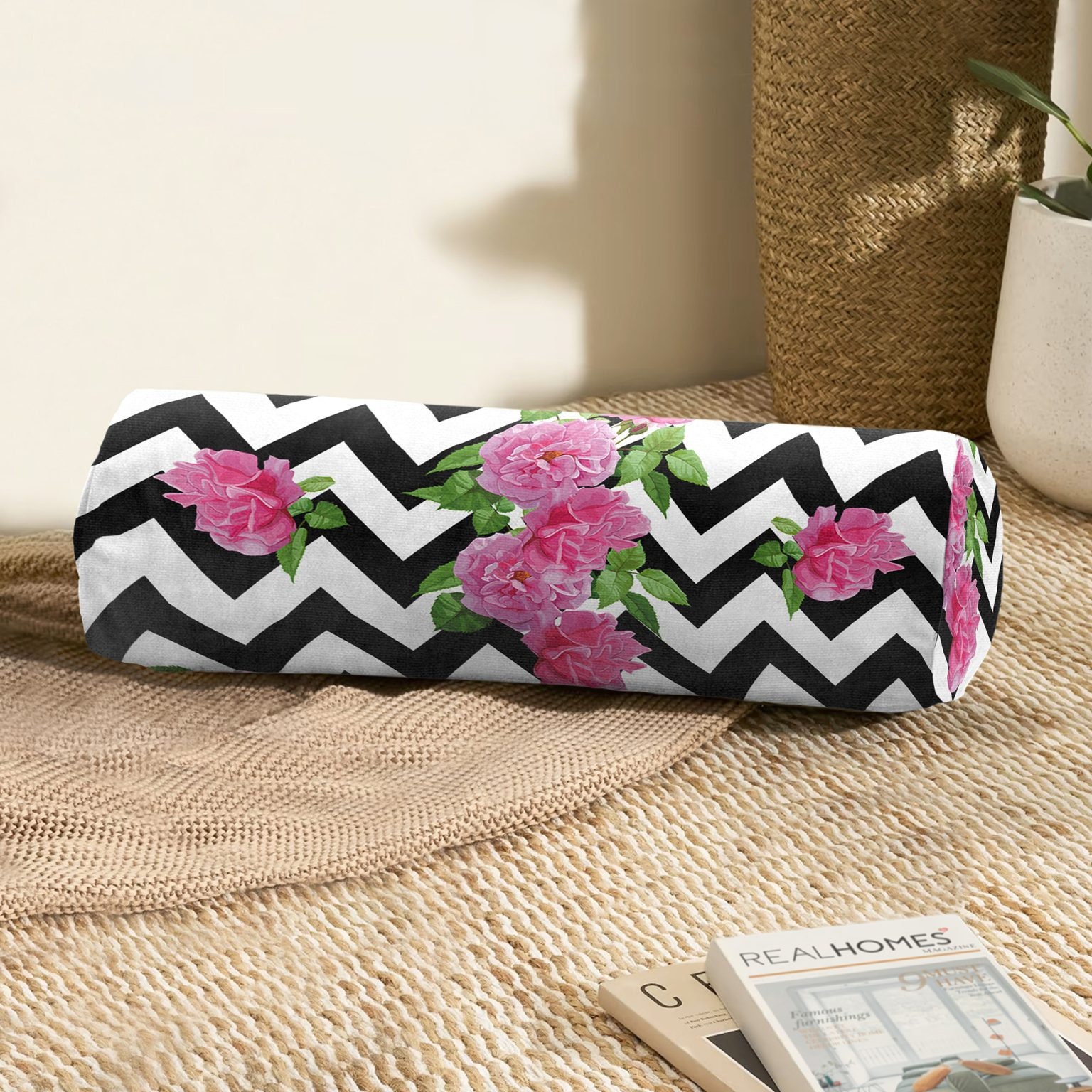 Floral Bolster Pillow, Pink Floral Bolster Cushion, Zigzag Bolster ...