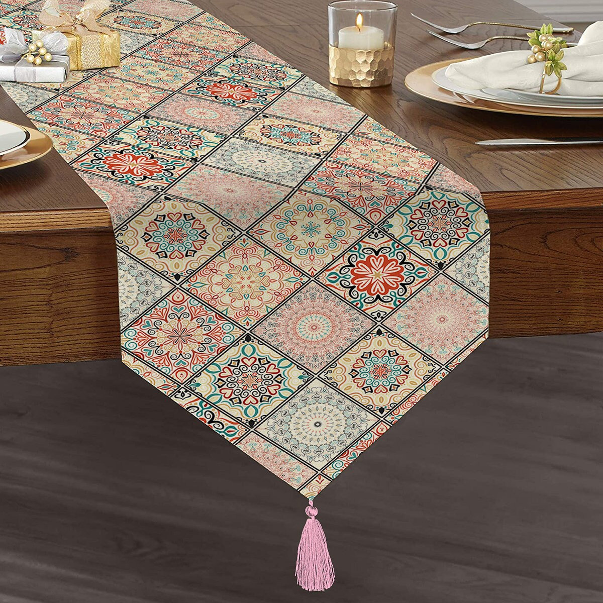 Traditional Table Runner With Tassel, Authentic Style Triangle Runner ...