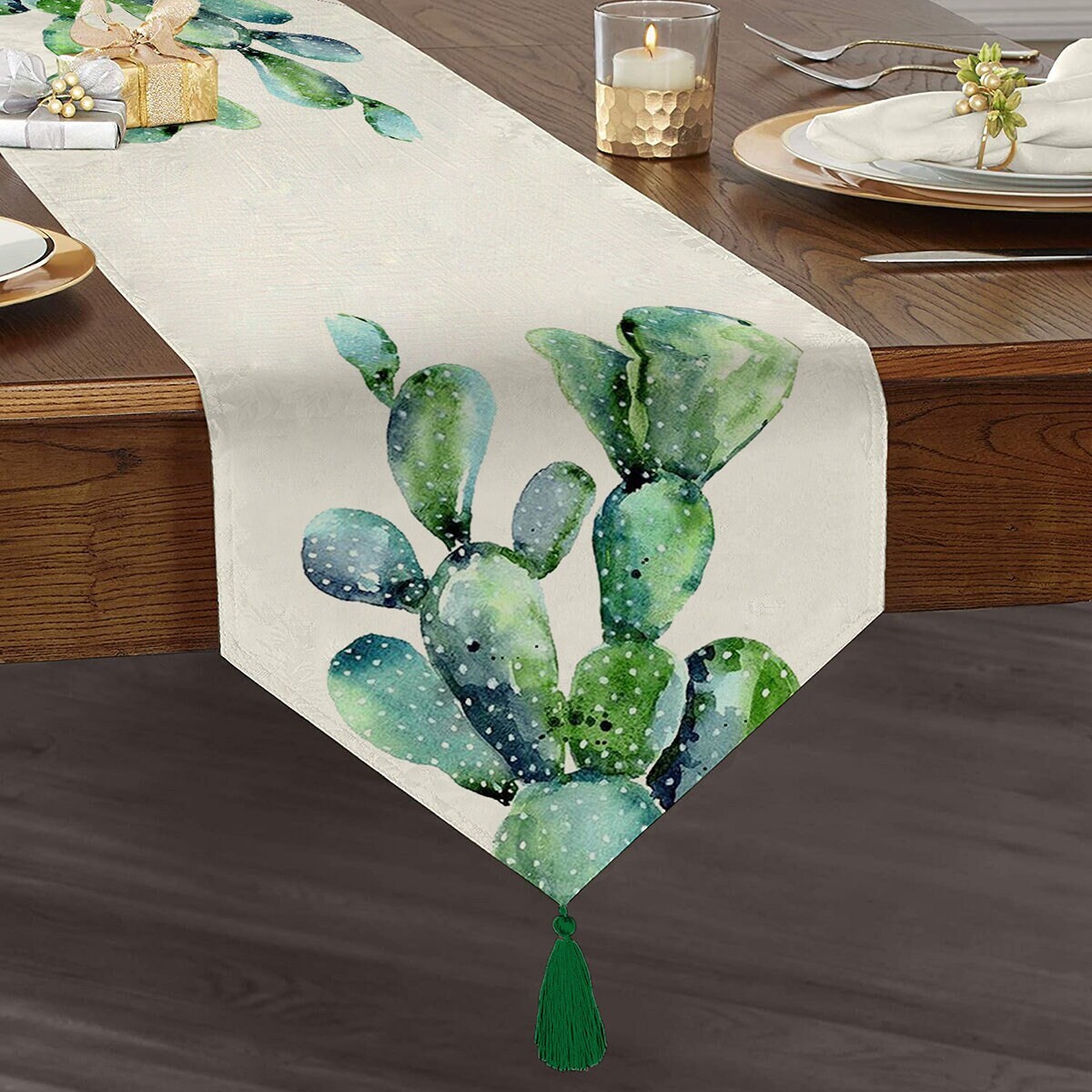 Cactus Triangle Runner, Desert Plant Runner With Tassel, Thorny Flower ...