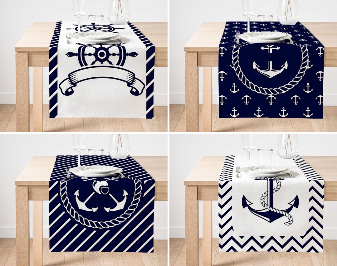 Nautical Table Runner, Anchor Accent Table Cover, Blue White Table Linens, Rudder Pattern Table ...