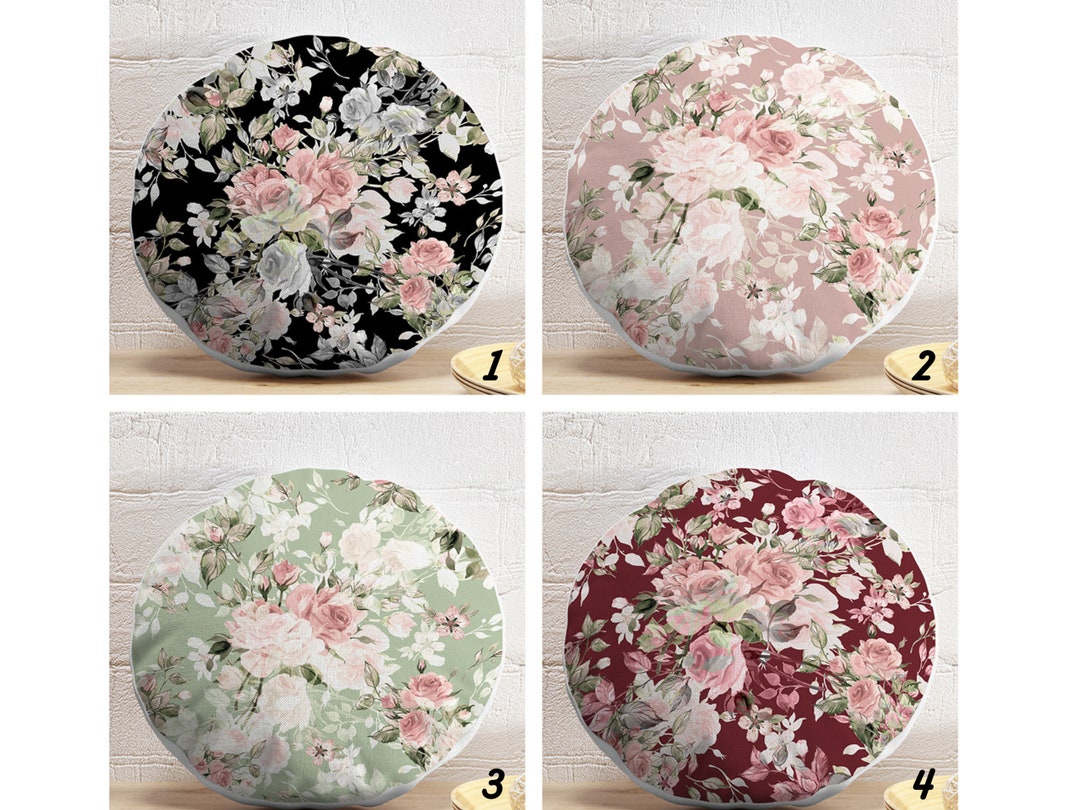 Floral Round Cushion, Flower Accent Circle Pillow, Rose Pattern Round ...