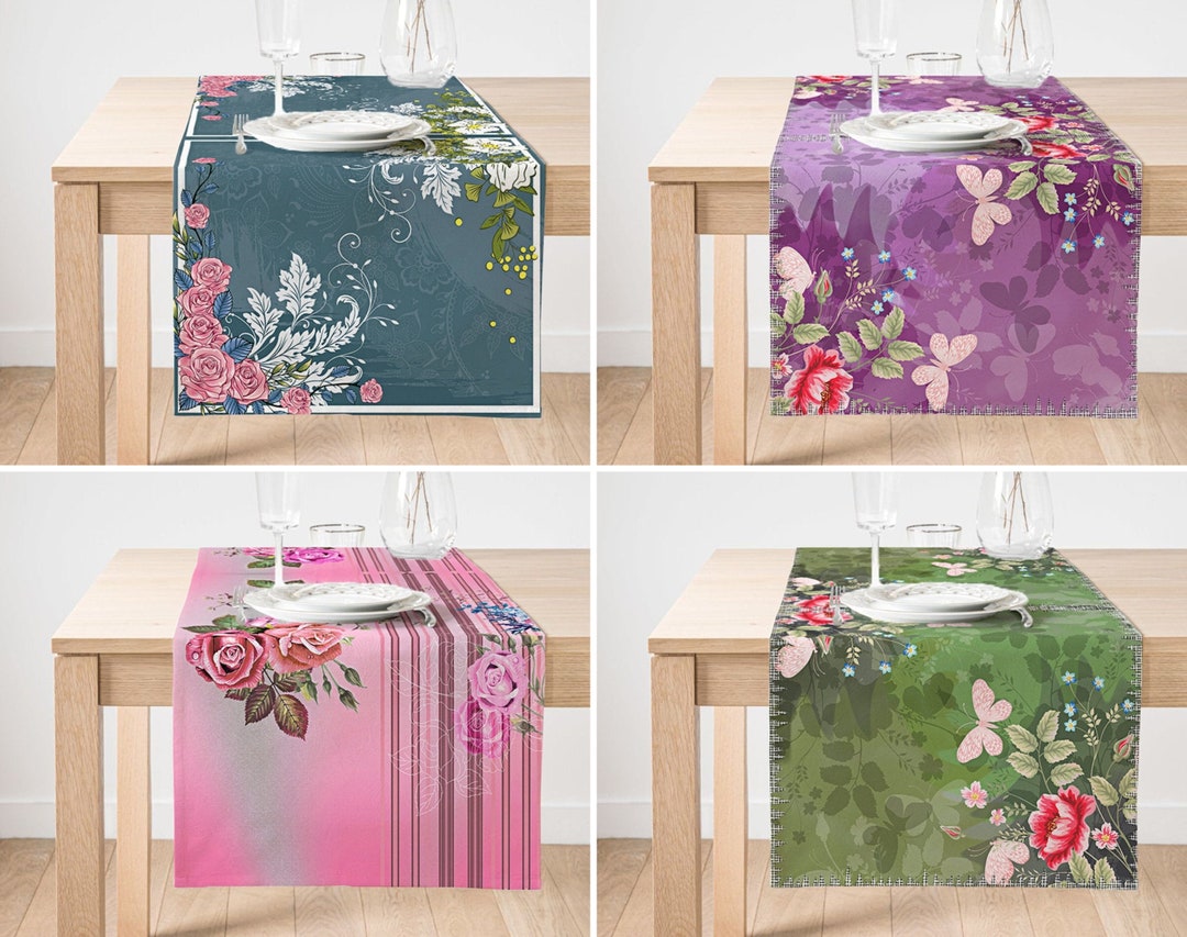Pink Rose Table Runner, Butterfly Pattern Table Runner, Flower Style ...