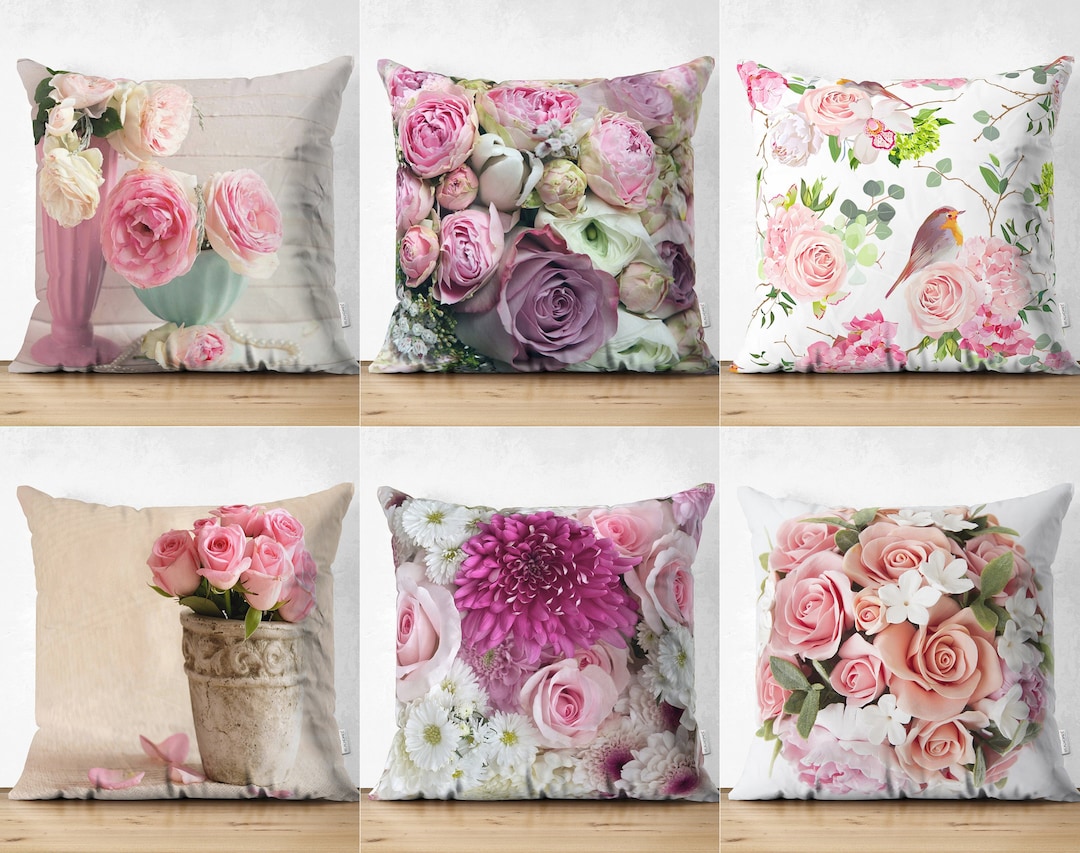 Pink Roses Pillow Covers, Pink Floral Cushion Cover, White Flowers ...