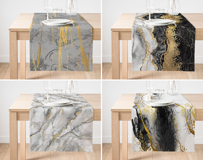 Modern Black White Gold Marble Pattern Table Runner Grey - Etsy
