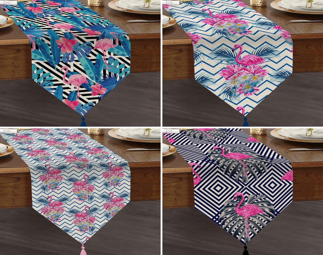 Pink Flamingo and Leaves Triangle Runner, Zigzag Pattern Runner With ...