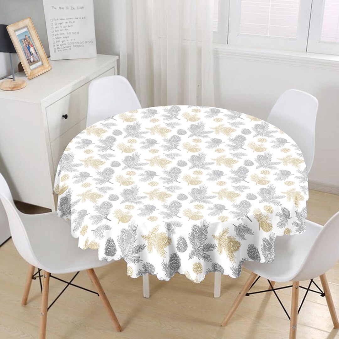 Gold & Silver Christmas Round Tablecloth, Pinecone Pattern Circle ...
