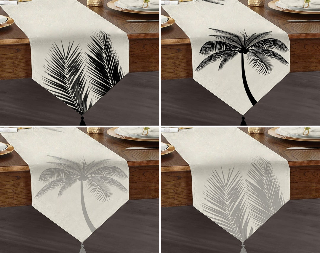Leaf Table Runner, Palm Tree Dining Runner, White Black Triangle Runner ...