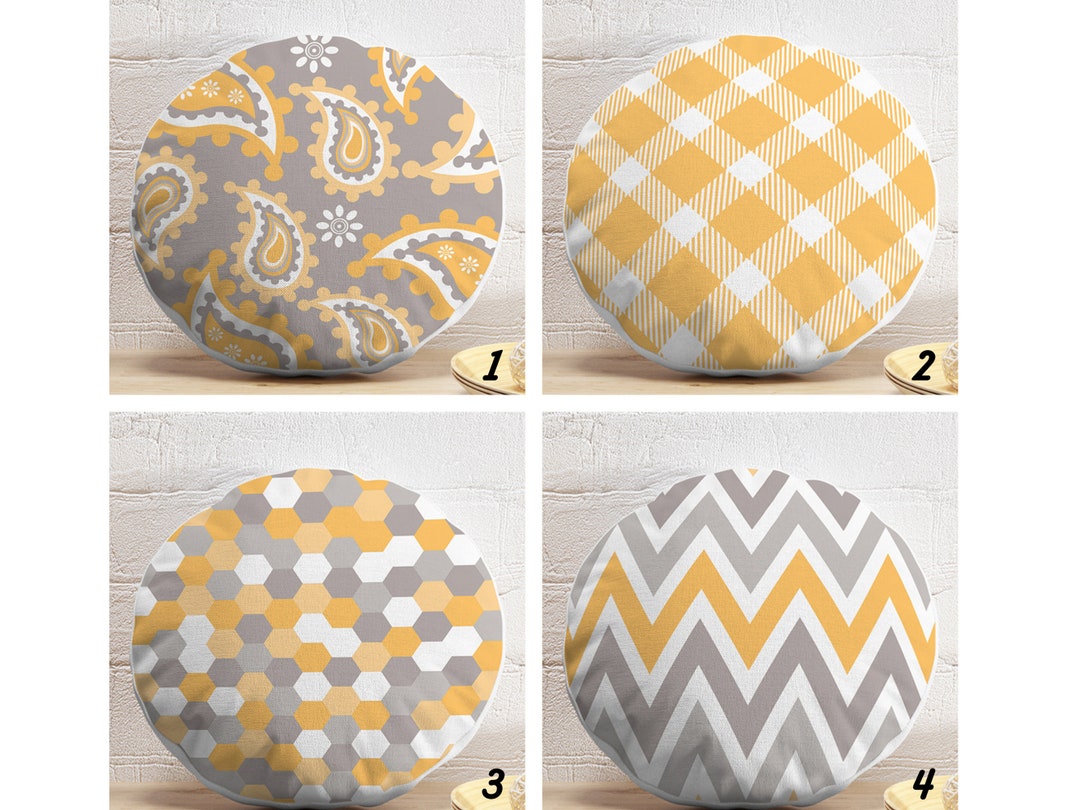 Geometric Round Pillow, Paisley Pattern Round Cushion, Yellow & Gray ...