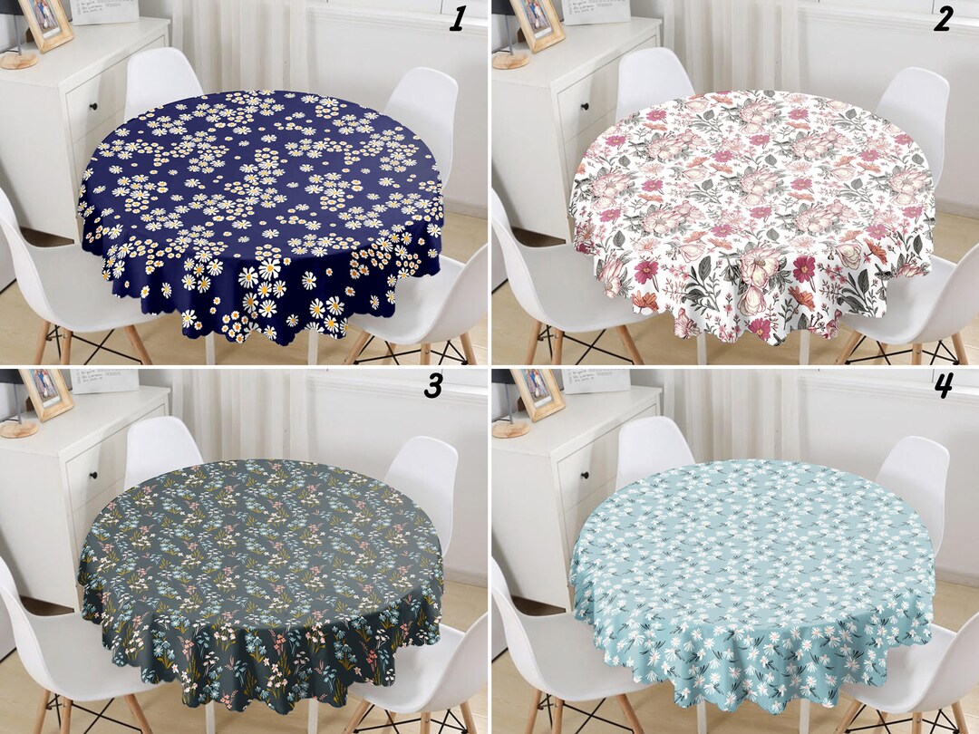 Daisy Flowers Round Table Cloths, Abstract Floral Circle Table Linen ...