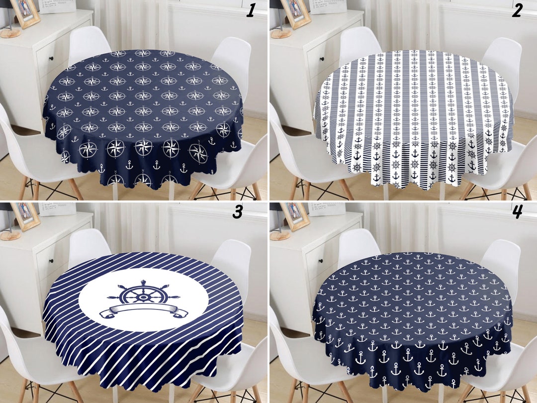 Navy Blue & White Coastal Round Tablecloth, Compass Circle Tablecloth ...