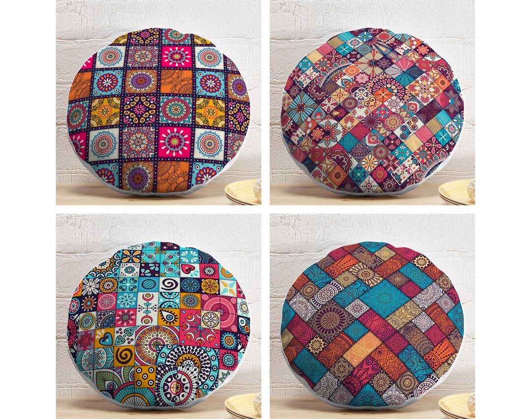 Ethnic Round Pillow, Mandalas Tessellation Circle Pillow, African ...