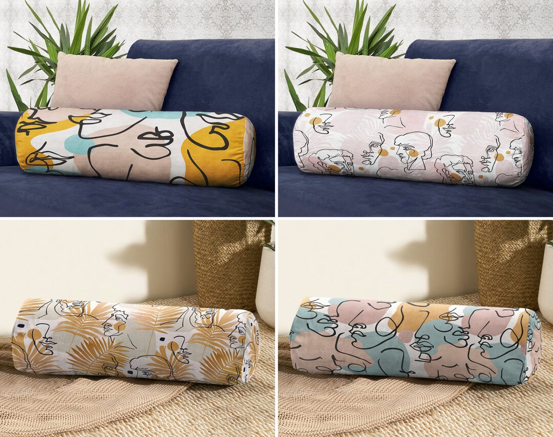 Abstract Bolster Pillow, Abstract Faces Bolster Cushion, Line Art Face ...