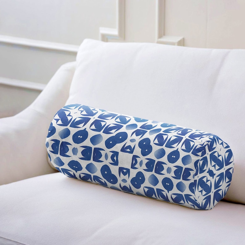 Blue Tile Bolster Pillow Blue White Cylindrical Pillow - Etsy