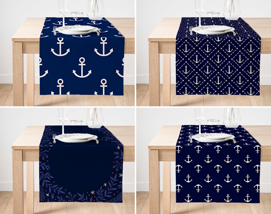 Marine Table Runner, Anchor Accent Table Linen, Chic Table Decor, Navy ...