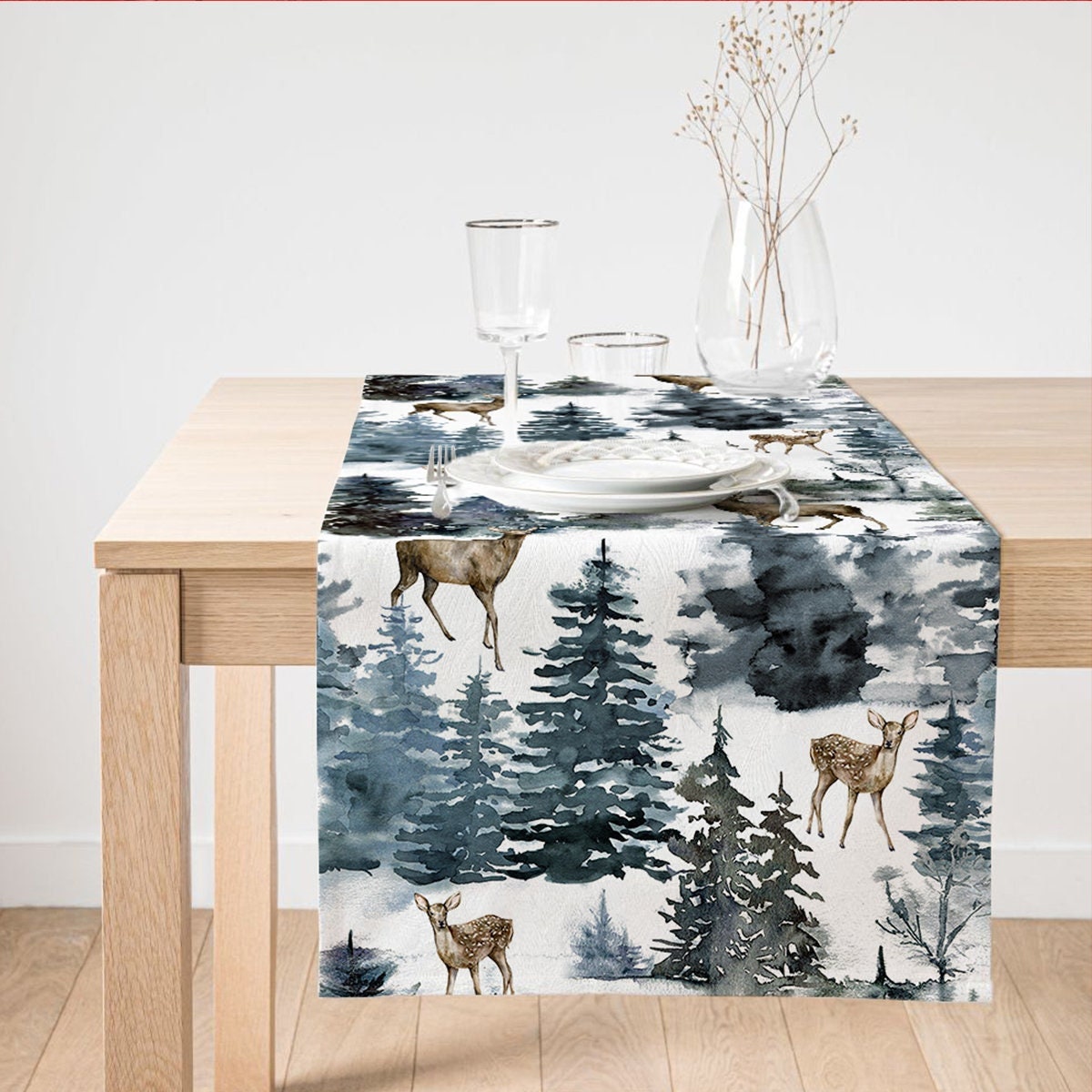 Christmas Table Runner, Deer Table Runner, Snowy Landscape Table Runner ...