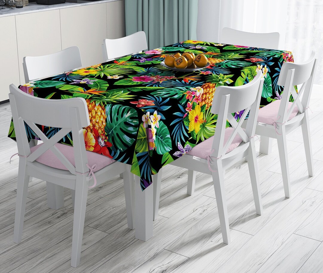 Tropical Leaves on Black Tablecloth, Colorful Tropical Flowers Table ...