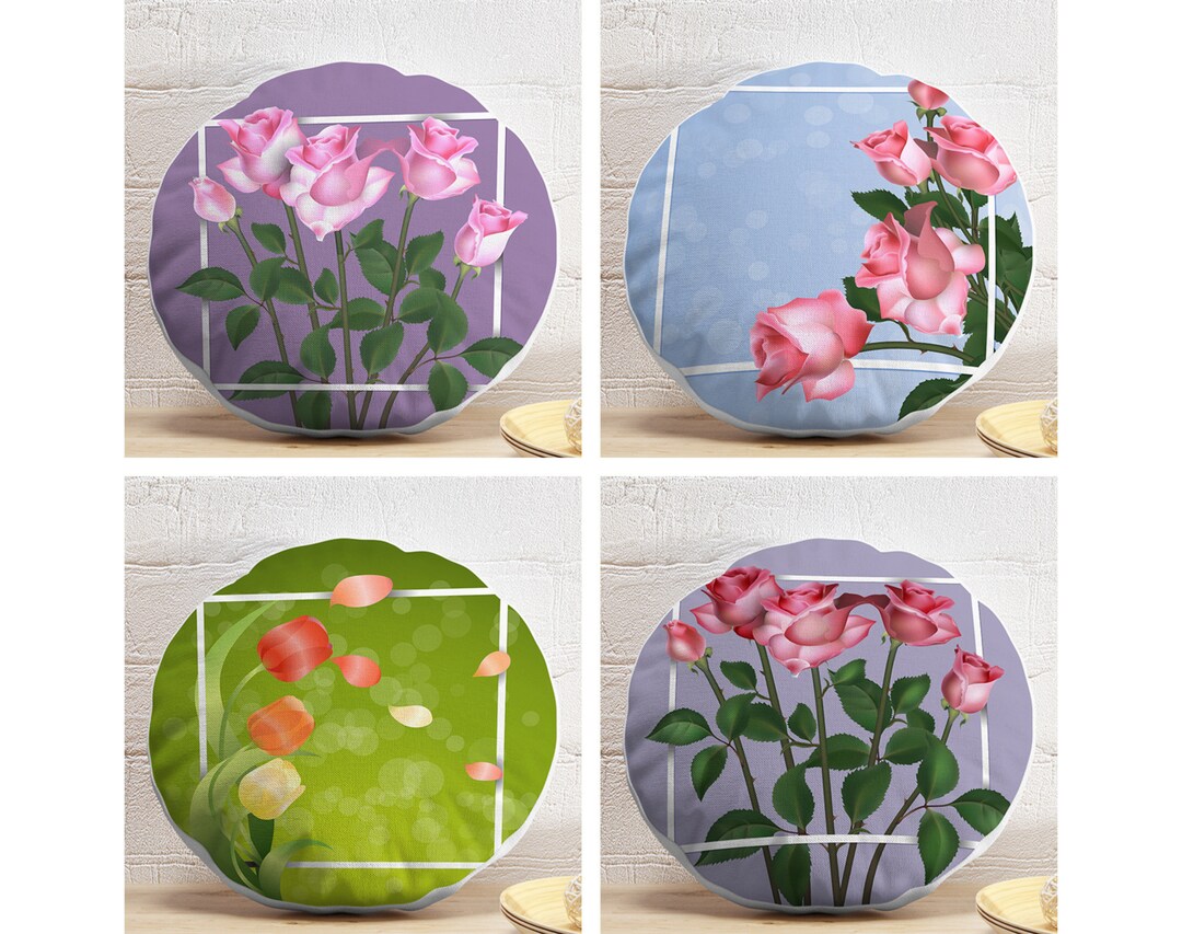 Floral Round Pillows, Rose Pattern Circle Pillow, Pink Rosebud Round ...