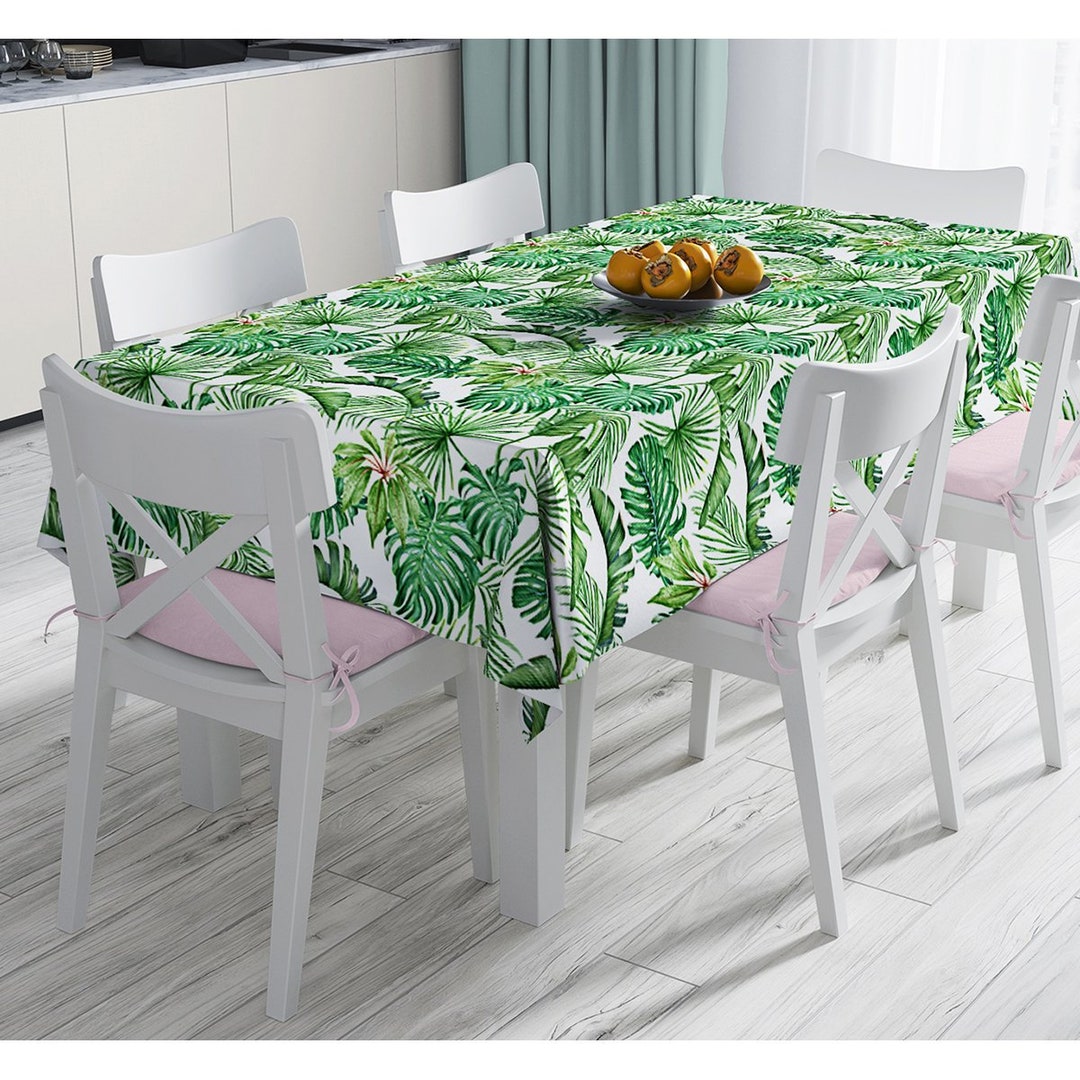 Tropical Tablecloth, Leaf Accent Dining Tablecloth, Monstera & Palm ...