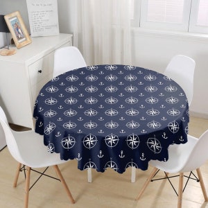Navy Blue & White Coastal Round Tablecloth, Compass Circle Tablecloth ...