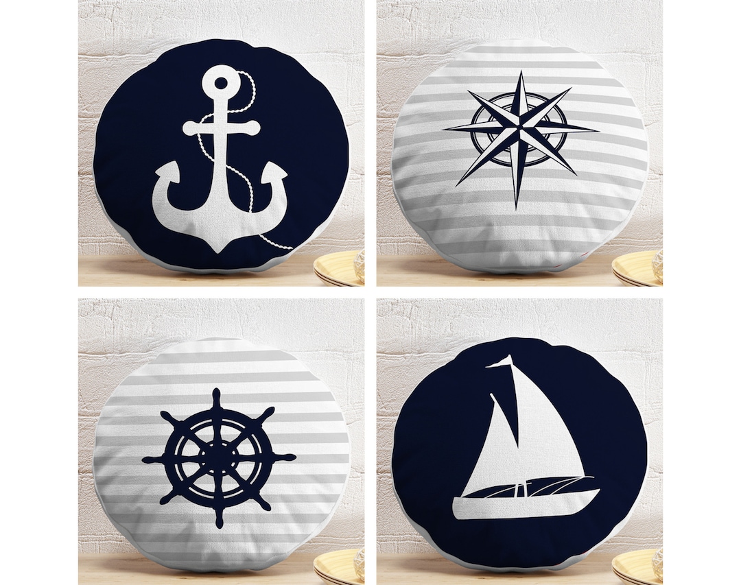 Nautical Round Pillows, Anchor Circle Pillow, Compass Round Cushion ...