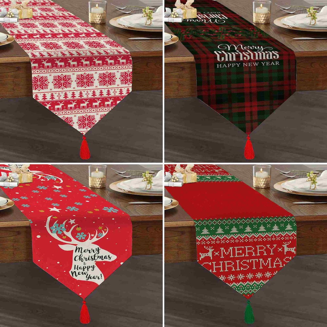 Merry Christmas Table Runner, Xmas Reindeer Dining Runner, Tartan ...