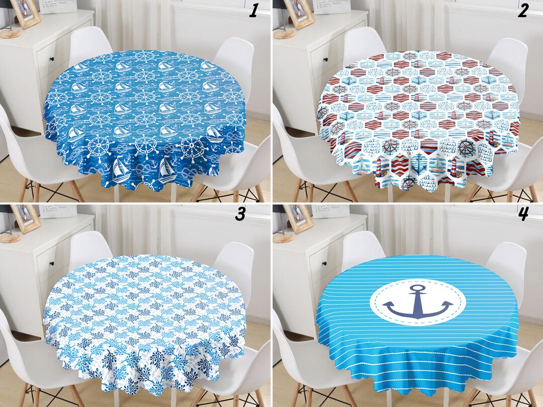 Blue Marine Round Tablecloth, Ocean Theme Circle Tablecloths, Sailboat ...
