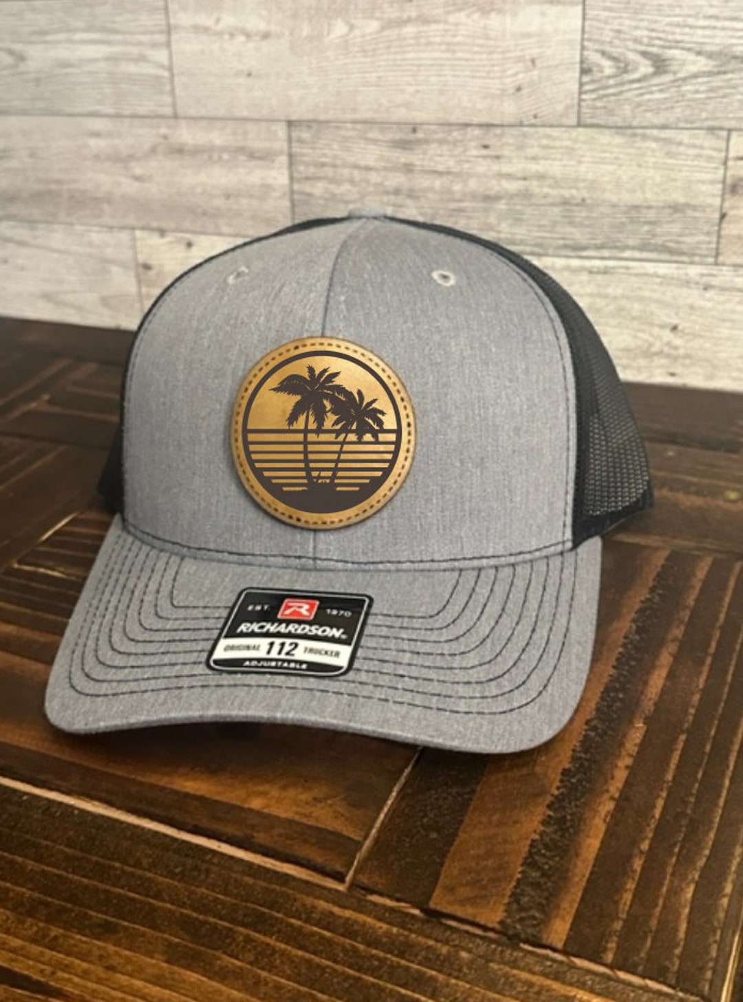 Custom Palm Tree Scene Leather Patch Hat Richardson 112 Trucker Hat ...
