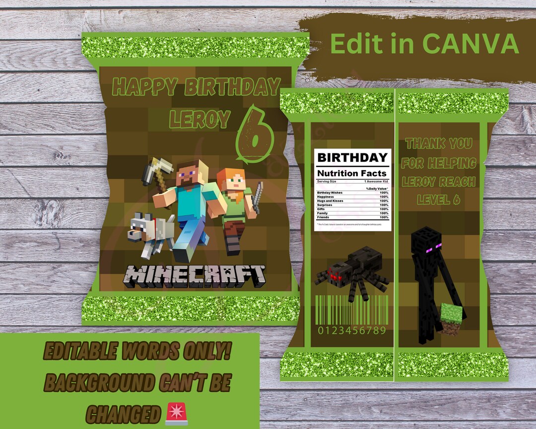 Minecraft Chip Bag Editable Chip Bag Digital Chip Bag Gamer Birthday ...