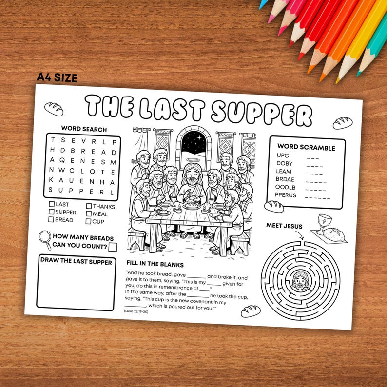 The Last Supper Activity Placemat, Christian Easter Story Printable ...