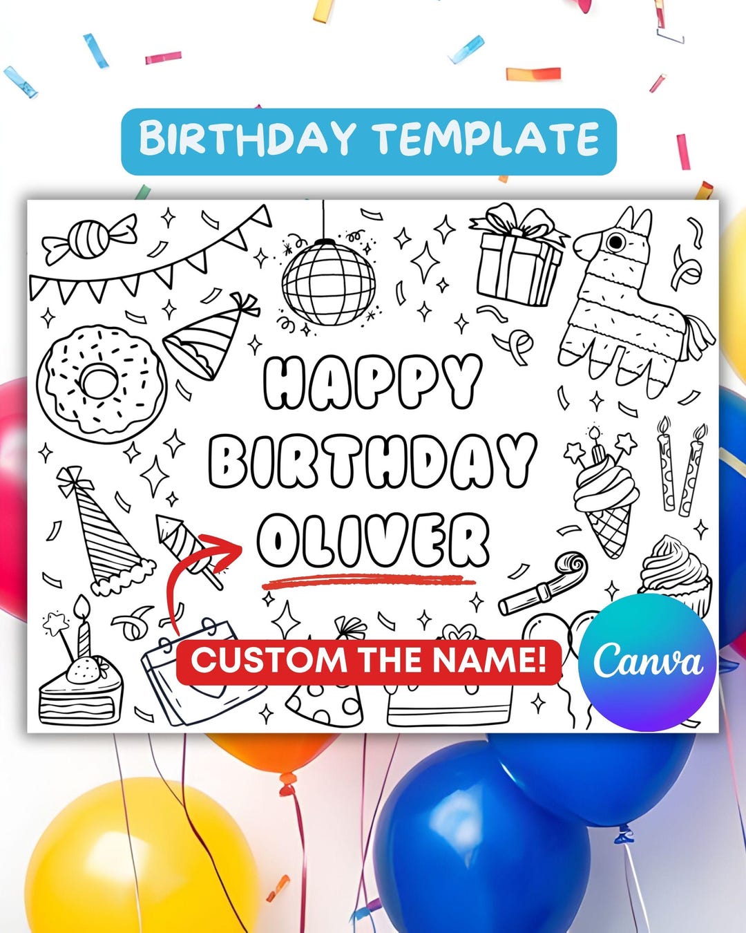 Editable Birthday Coloring Page Template, Custom Name Printable, Kids ...