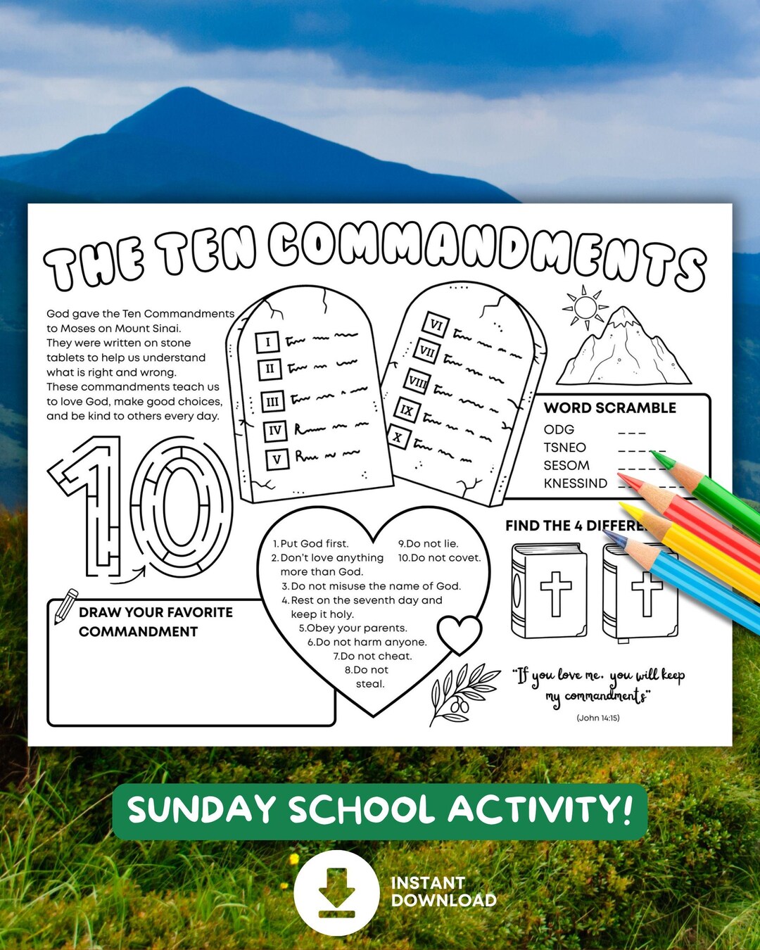 The Ten Commandments Bible Activity Placemat, Sunday School Coloring ...