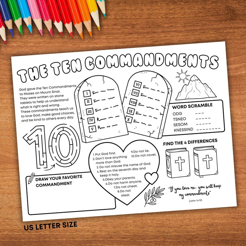 The Ten Commandments Bible Activity Placemat, Sunday School Coloring ...