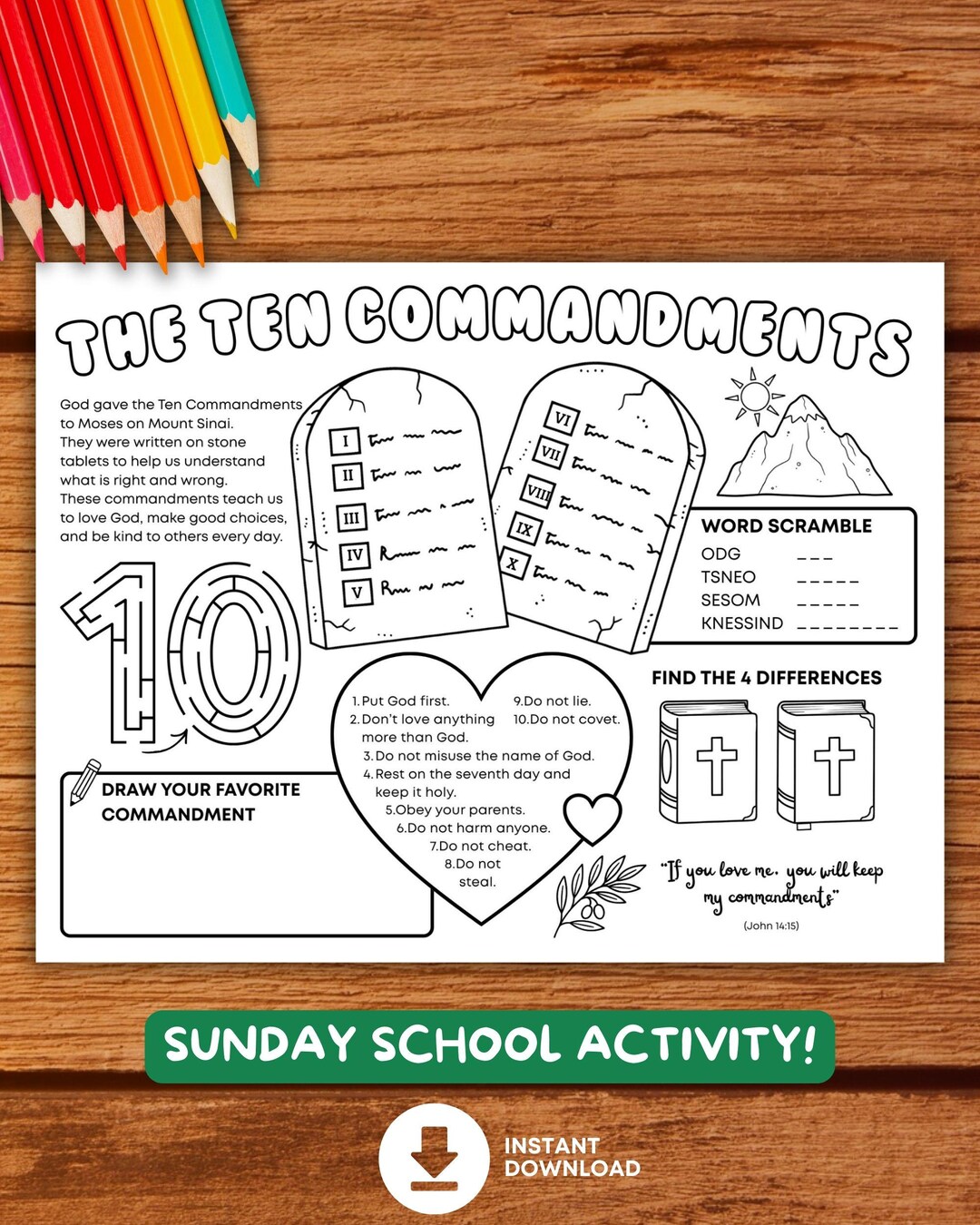 The Ten Commandments Placemat, Kids Christian Activity Sheet, Sunday ...