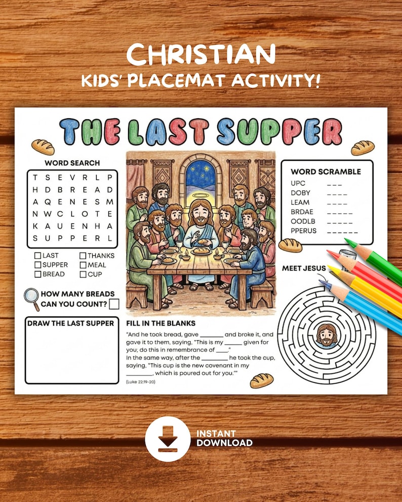 The Last Supper Activity Placemat, Christian Easter Story Printable ...