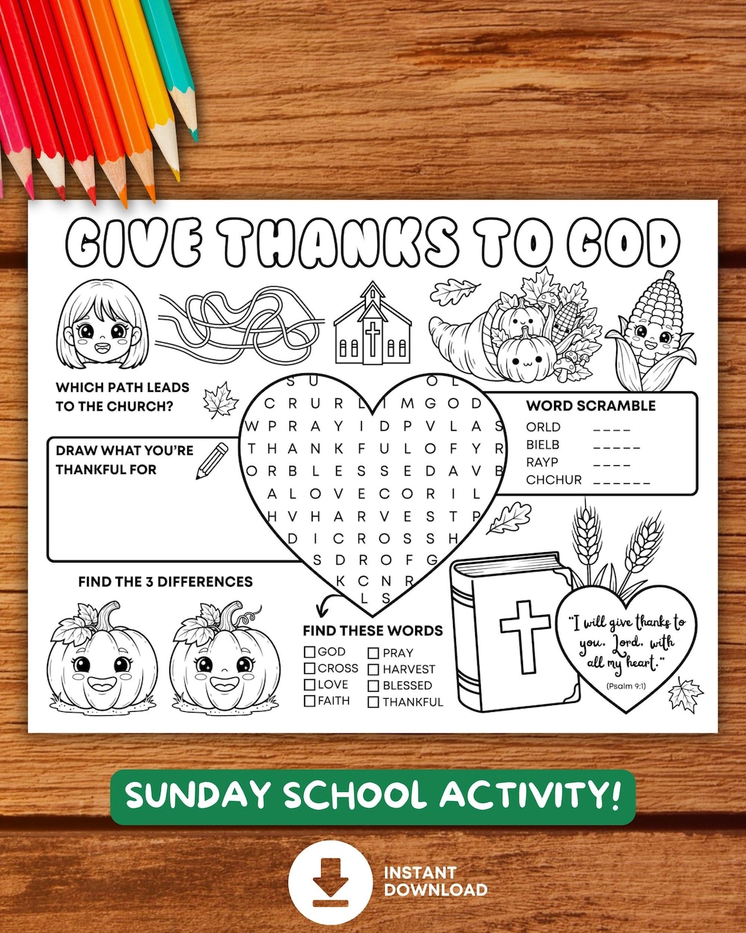Give Thanks to God Activity Placemat, Sunday School Coloring Printable ...