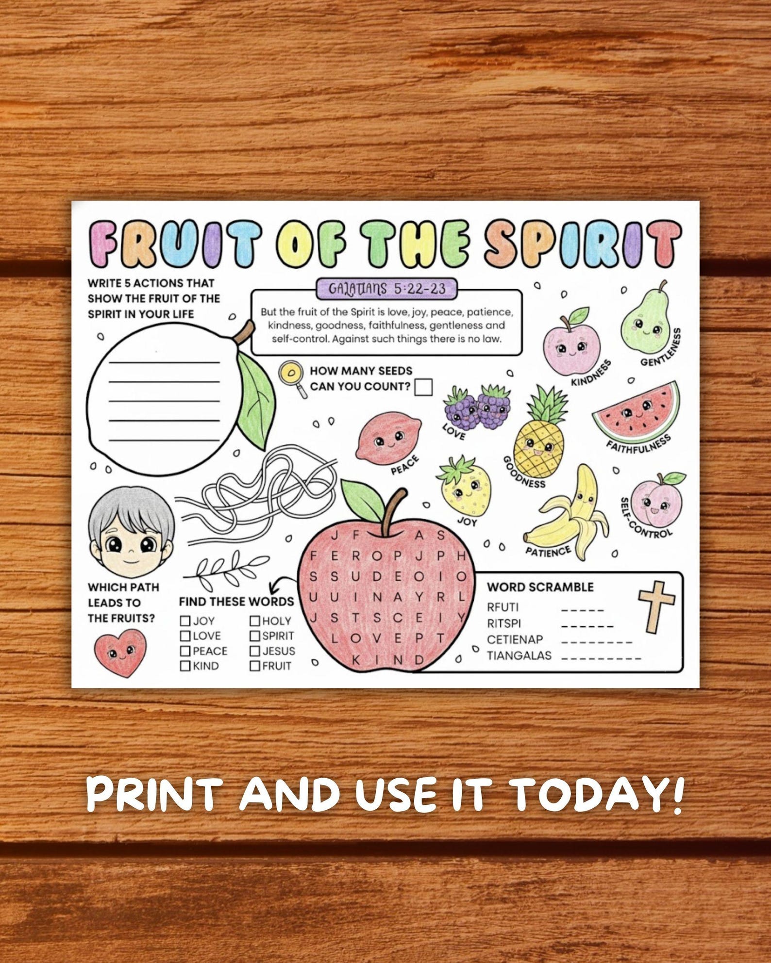 Fruit of the Spirit Activity Placemat, Sunday School Coloring Printable ...