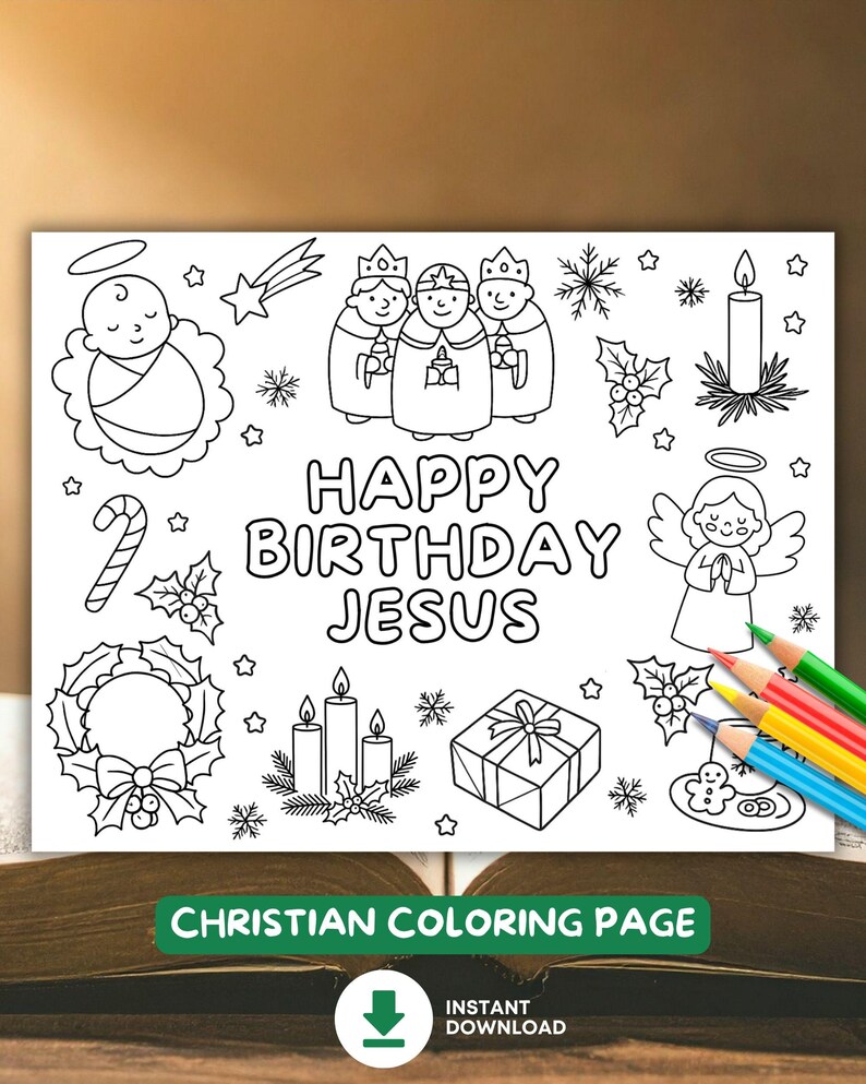 Happy Birthday Jesus Coloring Page, Advent Kid Stocking Stuffer, Sunday ...