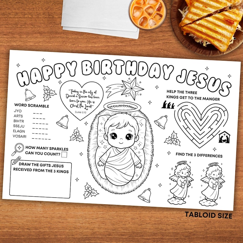 Happy Birthday Jesus Placemat + Nativity Scene Coloring Page, Sunday ...