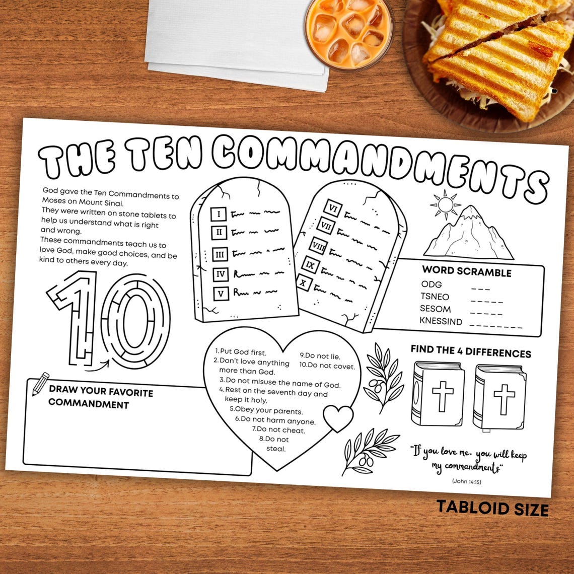 The Ten Commandments Bible Activity Placemat, Sunday School Coloring ...