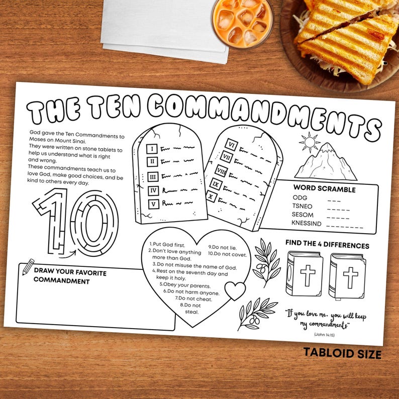 The Ten Commandments Bible Activity Placemat Sunday School Coloring