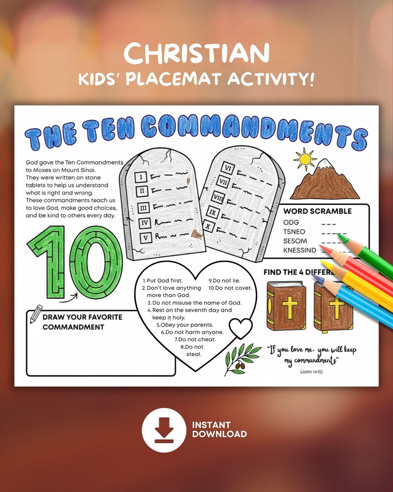The Ten Commandments Bible Activity Placemat, Sunday School Coloring ...