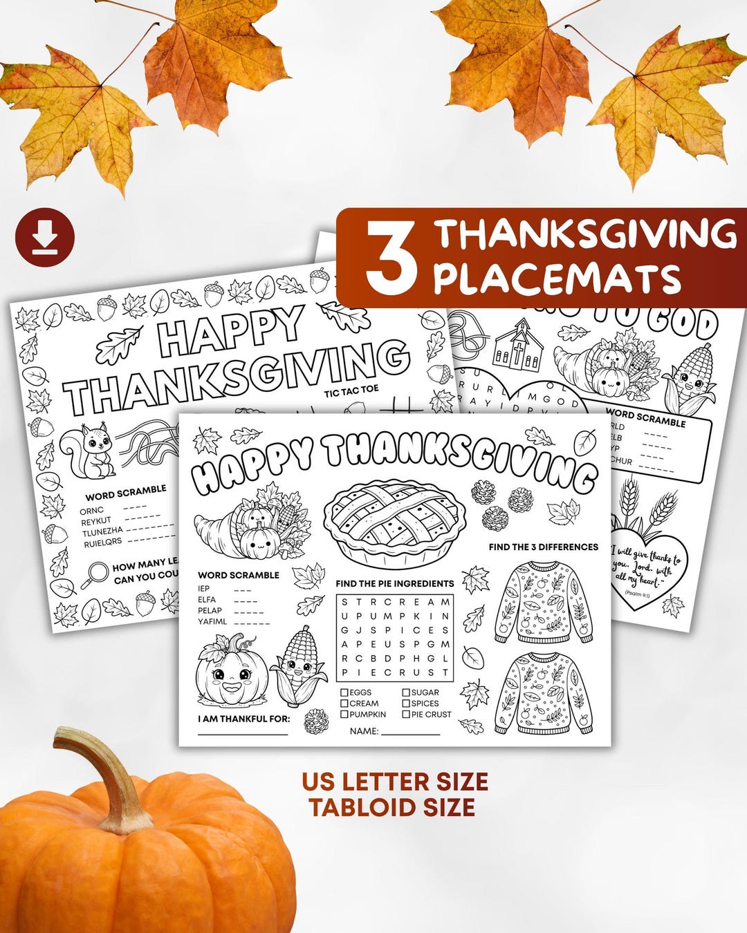 3 Thanksgiving Placemat Bundle - Printable for Kids | Fall Classroom ...