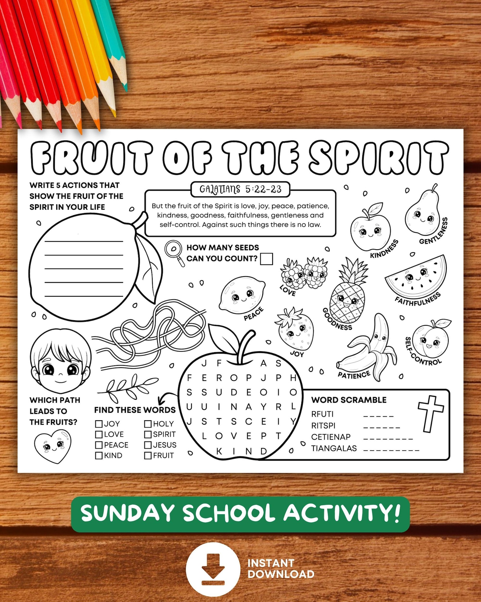 Fruit of the Spirit Activity Placemat, Sunday School Coloring Printable ...