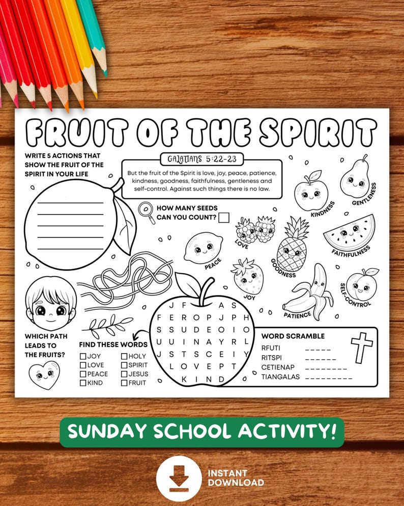 Fruit of the Spirit Activity Placemat, Sunday School Coloring Printable ...