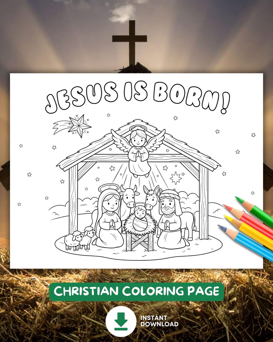 Jesus is Born Coloring Page, Nativity Scene Sheet, Christian Christmas ...