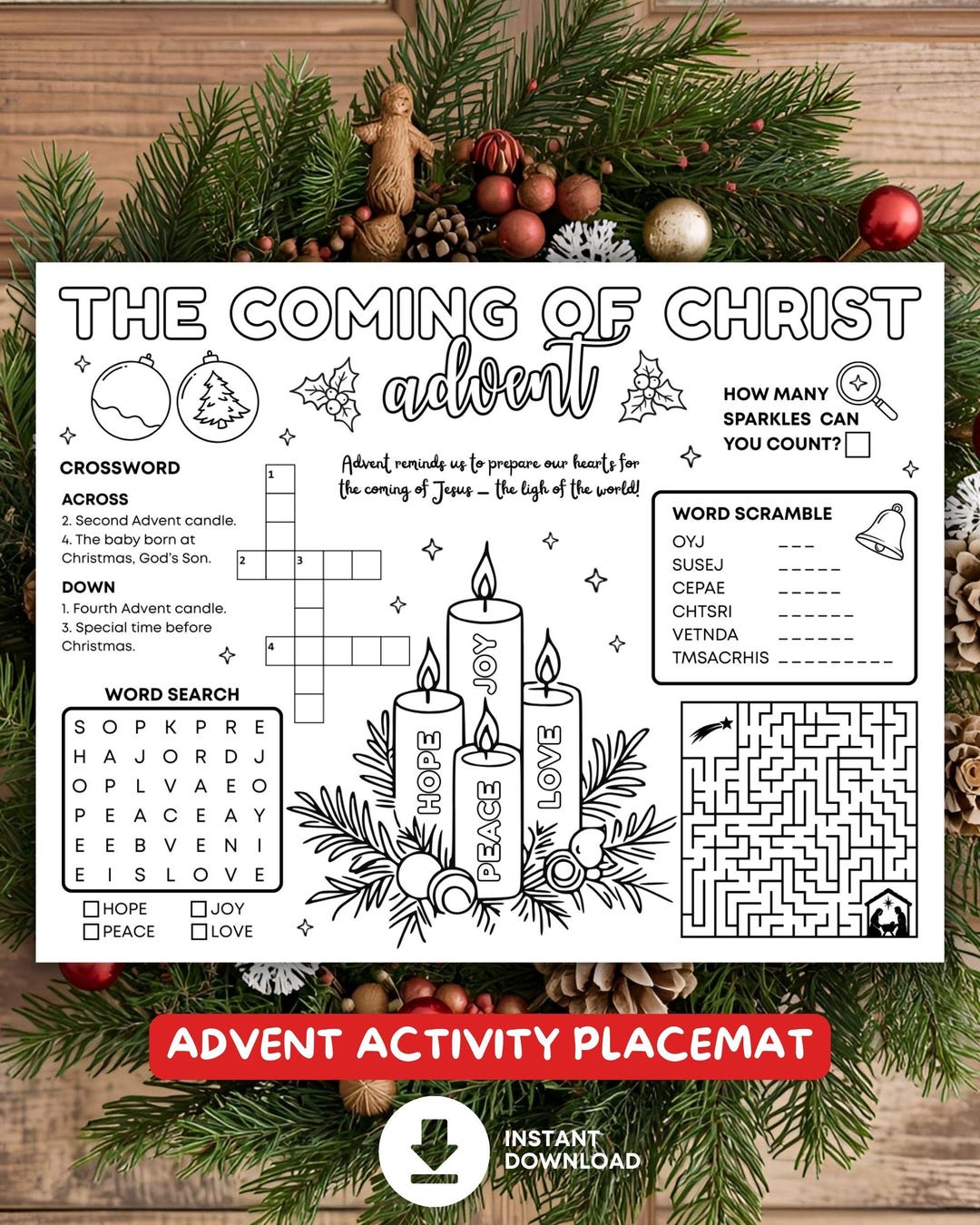 Advent Activity Placemat, Coloring Page for Christian Kids, Printable ...